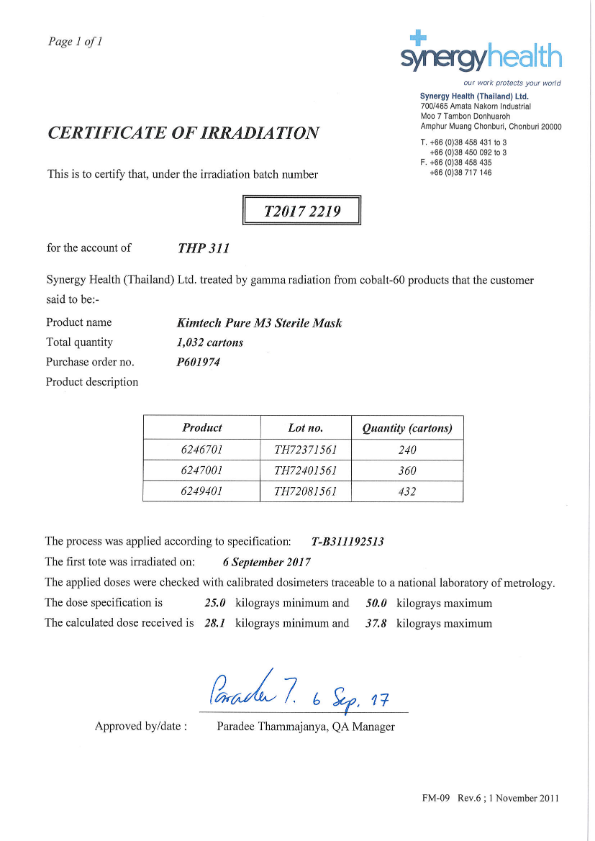 Certificate of irradiation Kimtech Sterile face masks